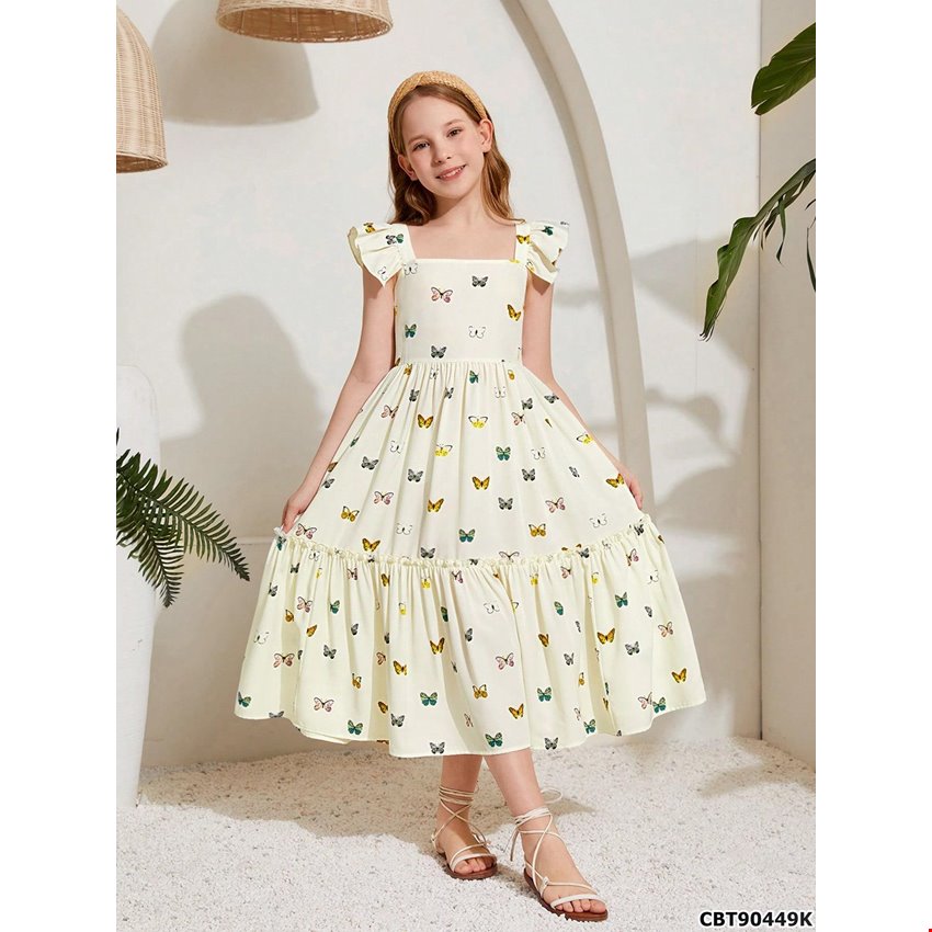 Đầm hoa rufle cổ vuông tay cánh tiên cho bé CBT90449K | Bé Cưng Shop