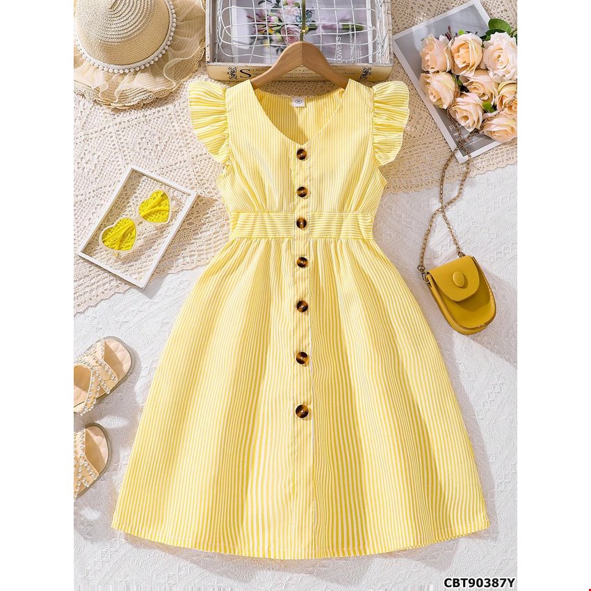 Váy thắt lưng đắp cúc cổ chữ V tay áo cánh tiên sọc thời trang cho bé ...